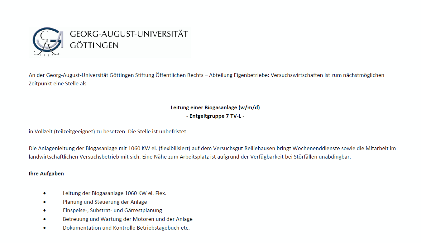 Stellenausschreibung: Leitung einer Biogasanlage | Landvolk Göttingen Kreisbauernverband